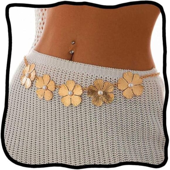 Accessories | Pearl Waist Chain Flower Chains Waist Belt Metal Belly ...